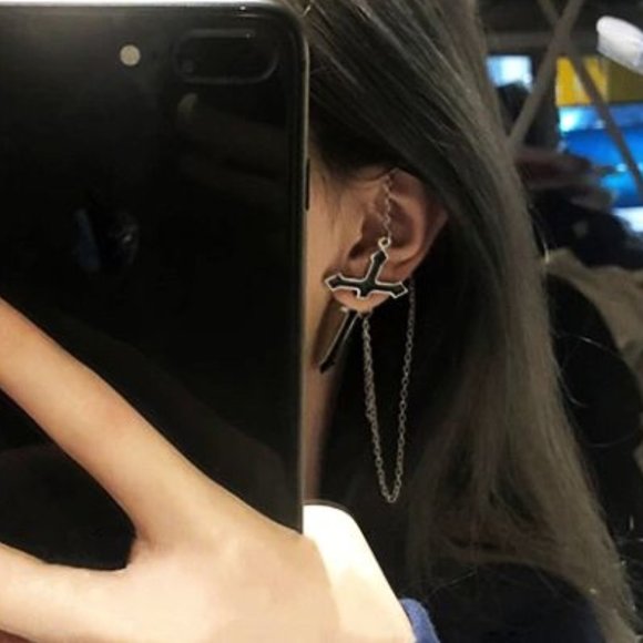 Jewelry | New Black Gothic Cross Earring With Chain Illusion Tunnel ...